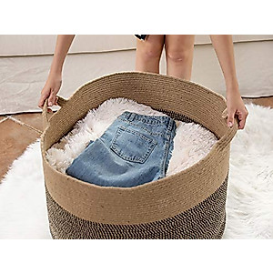 24" x 24" x 17" Max Size Large Cotton Rope Basket, Extra Large Storage Basket, Woven Laundry Hamper, Toy Storage Bin, for Blankets Clothes Toys Pillows in Living Room, Baby Nursery, Jute/Black Mix