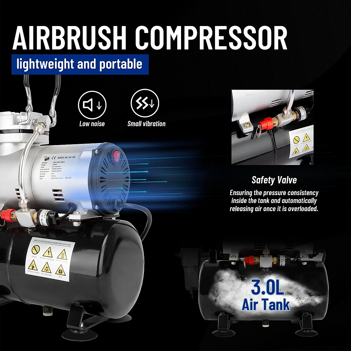 Timbertech Airbrush Compressor, High-performance Single-Piston Oil-free Mini Compressor AS186 with 3L Tank, Regulator, Moisture Trap for Hobby, Cake Decoration, Tattoo, Automotive Graphic, Make-up