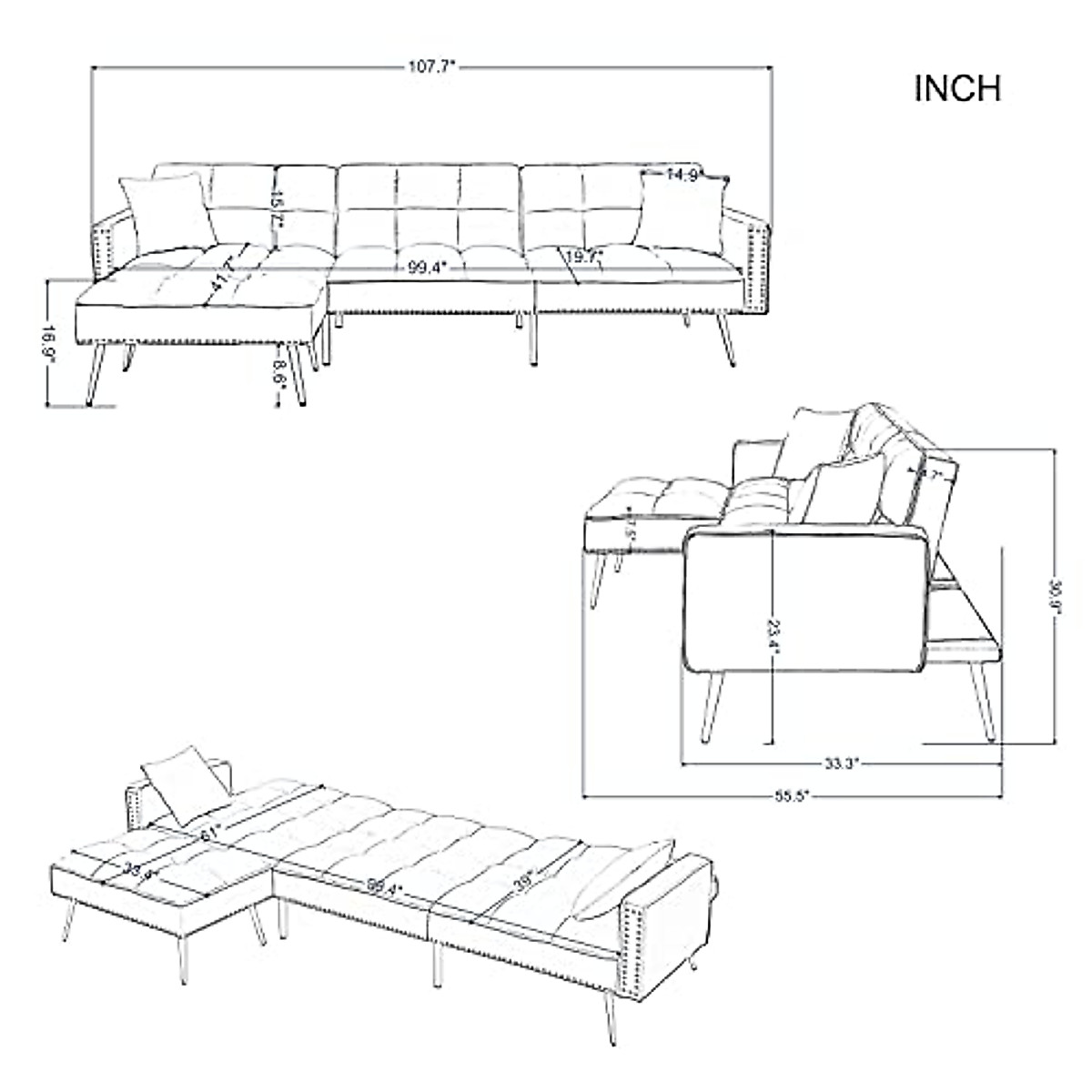 Eafurn Velvet Upholstery Convertible Sleeper Sofa Bed with Reversible Chaise,L Shaped Sectional Couch w/Reclining Backrest and 2 Pillows,Comfy Corner Sofa & Coues for Living Room Furniture Sets