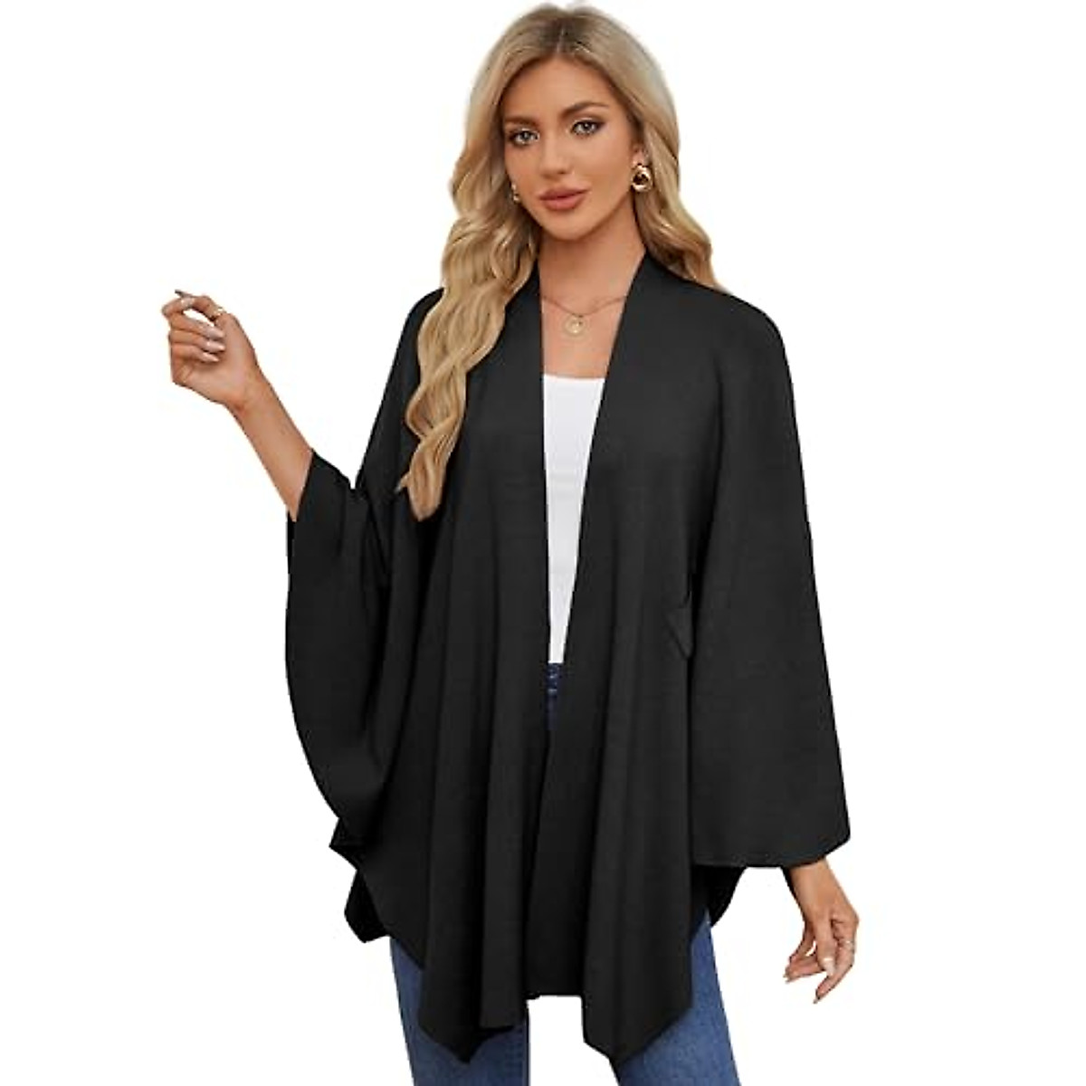PULI Women's Elegant Shawl Wraps Soft Open Front Poncho Sweater for Spring Fall Winter Black