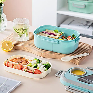 Tinaforld Adults Bento Lunch Box,Salad Container Large 43oz Salad Bowl, Bento-Style Tray for Toppings, 3oz Sauce Container for Dressings, and Built-In Reusable Fork (Blue)
