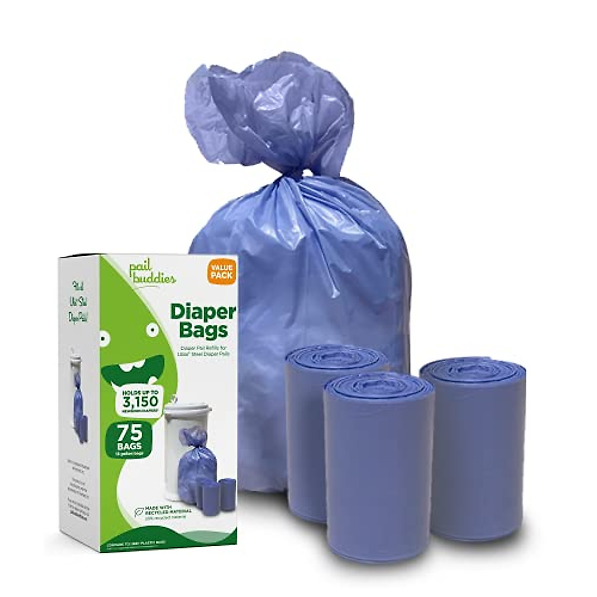 Disposable Diaper Pail Refills Compatible with Ubbi Diaper Pail | Diaper Pail Refill Bags made with Recycled Material | Fresh Powder Scent for Odor Control | Disposable Diaper Trash Bags (75 Count)