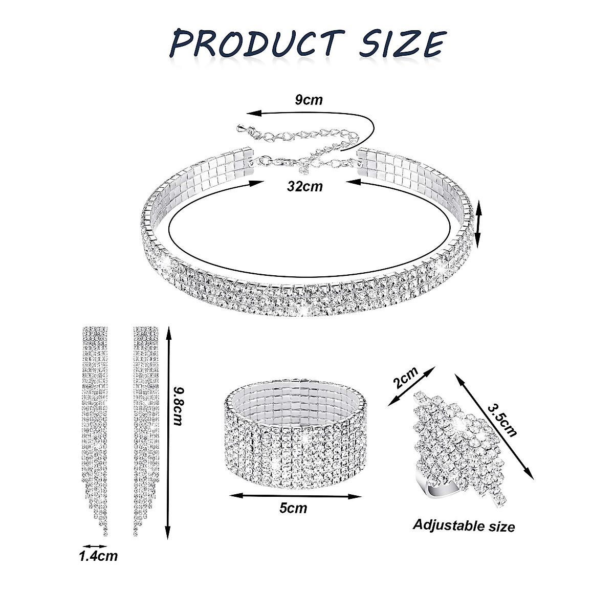 Women Rhinestone Stretch Bracelet Bangle Crystal Rhinestone Necklace Ring Dangle Fringe Earrings (Silver)