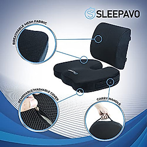Sleepavo Memory Foam Seat Cushion for Office Chair - Orthopedic Back & Butt Pillow for Sciatica Tailbone Coccyx Hip Pain Relief for Sitting, Gaming, Desk, Car & Airplane - Padded Lumbar Support Pillow