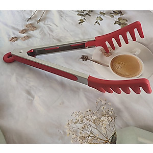 Red Stainless Steel Pasta Tong, Large 9" Stainless Steel Spaghetti Tongs, Comfortable Grip Design Pasta Server Utensil for Noodles Kitchen Cooking Baking Tools