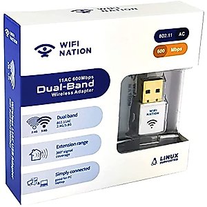 WiFi Nation® WiFi Dongle Mini 802.11ac AC600 USB WiFi Adapter, chipset: Realtek RTL8811AU, Dual Band 2.4GHz or 5GHz, Windows, MacOS, Linux Supported - White