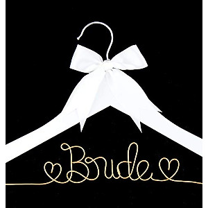 Ella Celebration Bride to Be Wedding Dress Hanger Wooden and Wire Hangers for Brides Gowns, Dresses (White with Light Gold and Bow)