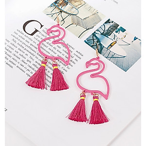HSWE Flamingo Drop Earrings Tassel Dangle Earrings Thread Earrings Hawaiian Summer Jewelry (Rose Red)