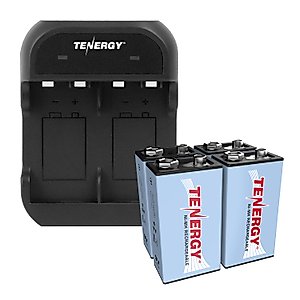 Tenergy 9V Battery Rechargeable 250mAh 4 Pack NiMH Square Battery with 2 Bay 9V Battery Charger for Smoke Alarm/Detector