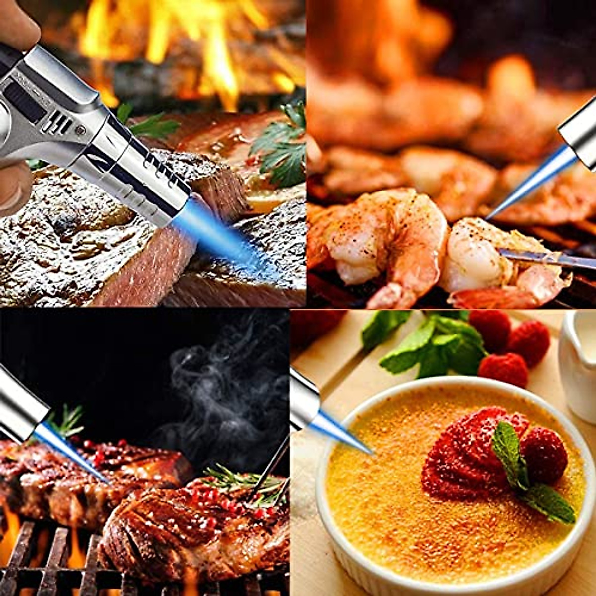 2 Pack Butane Torch Lighters,PBXZET Blow Torch Refillable Kitchen Cooking Torch with Safety Lock Adjustable Flame Chef Torch for Desserts Brulee BBQ Baking-Butane Gas Not Included(Silver Red)