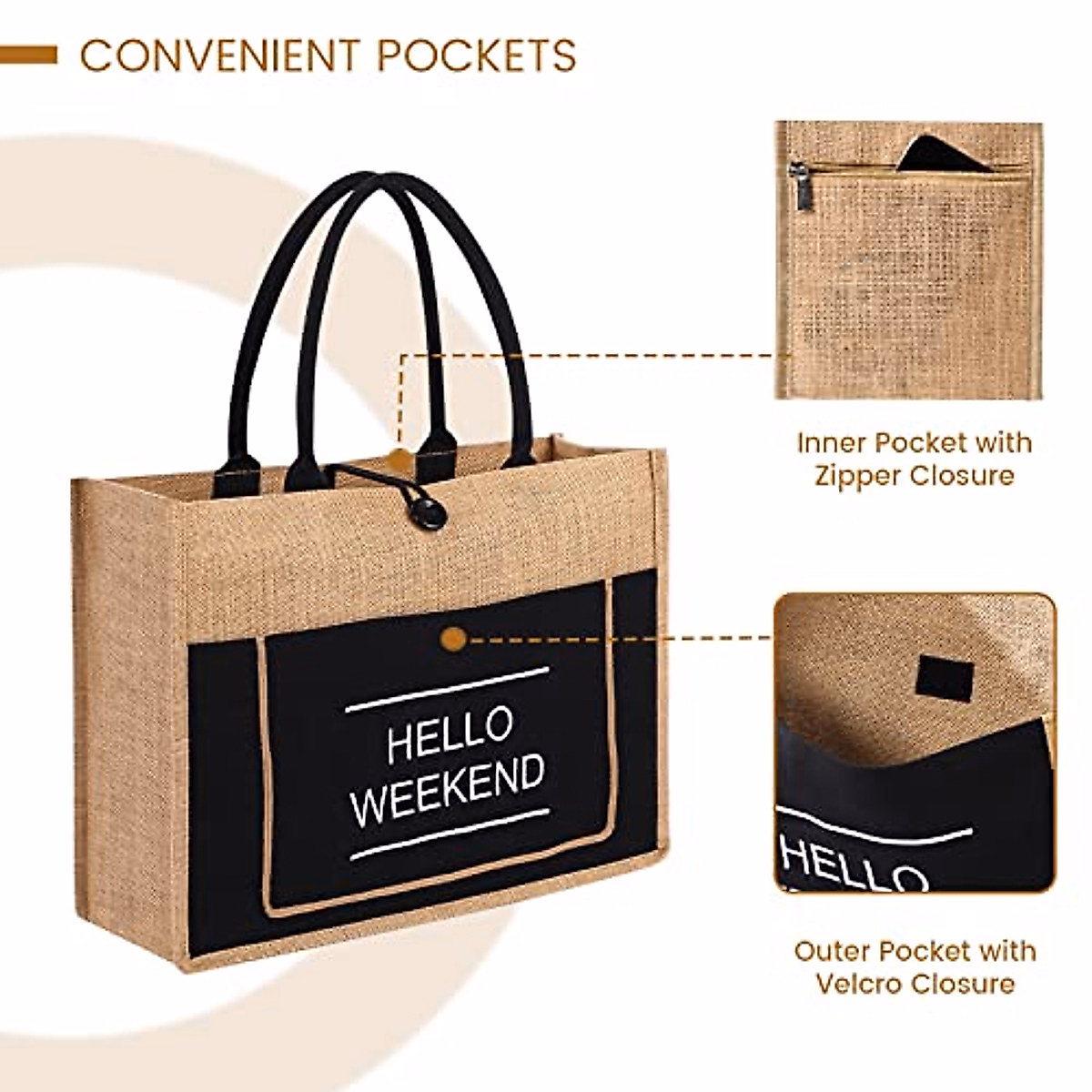 Trifabricy Beach Bag for Women - Large Jute Straw Beach Tote Bag, Hello Weekend Embroidery Canvas Tote Bag, Weaving Swim Gym Shopping Travel Bag, Black