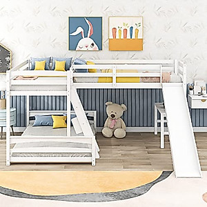 GINGVAT L Shaped Bunk Beds for 3, Wooden Triple Bunk Bed with Slide and Desk, Twin Over Full Bunk Bed & Twin Size Loft Bed with Desk for Kids Teens,No Spring Box Needed,White