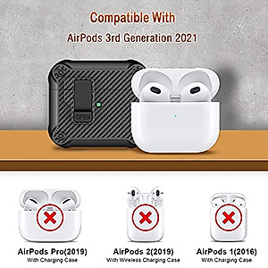 R-fun Airpods 3rd Generation Case with Automatic Secure Lock Clip, Armor Protective Hard TPU Case Cover for Apple Airpods 3 2021 Charging Case with Carbon Fiber Keychain-Black