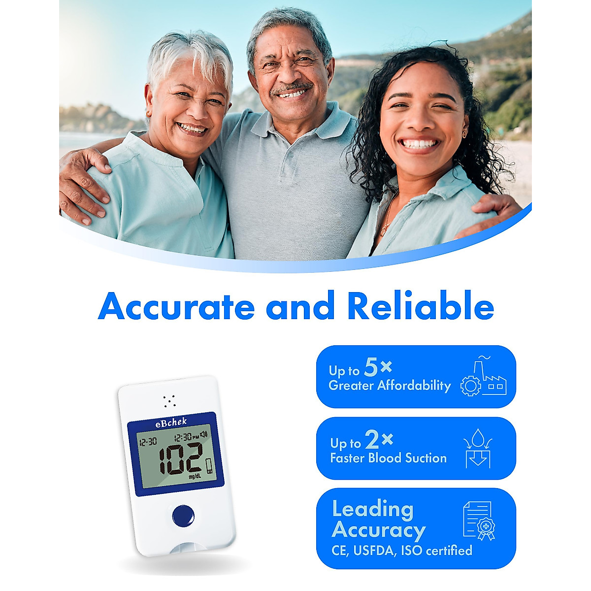 eBmonitor eBchek Blood Glucose Test Strips, 50 count, No Coding Blood Sugar Test, Precision Sugar Measurement for Diabetics, Strips Work Only in eBchek Glucose Meters