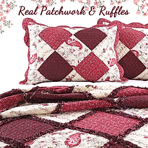 Cozy Line Home Fashions 100% Cotton True Patchwork Reversible Red Floral Paisley Rag Ruffle Farmhouse Quilt Bedding Set, Coverlet Bedspread (Rose Vintage, King - 3 Piece)