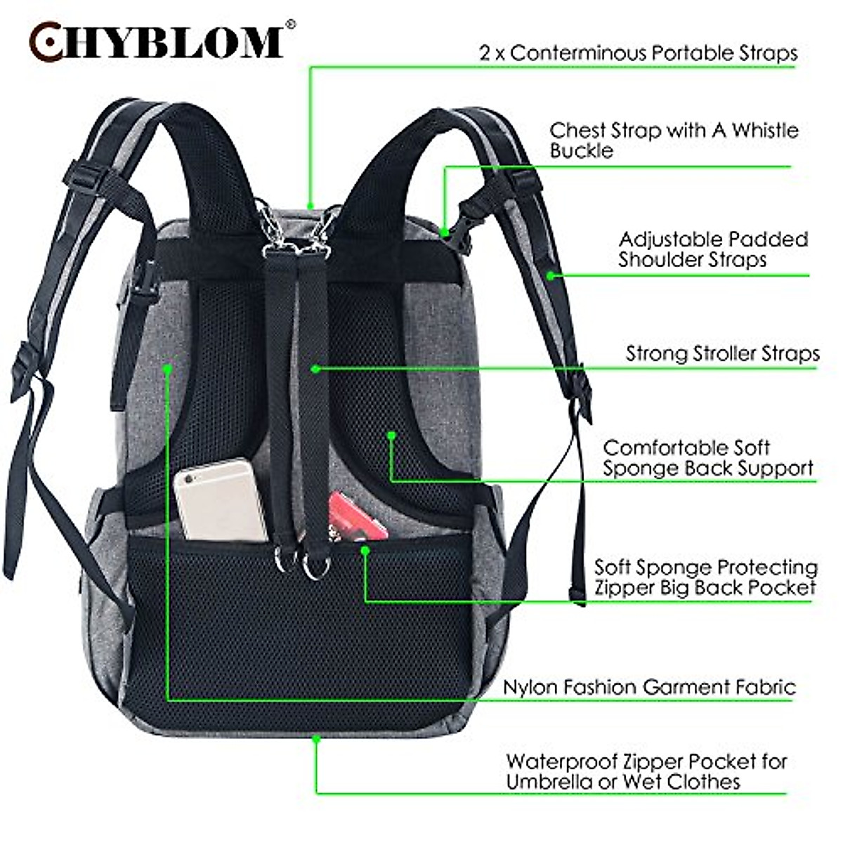 HYBLOM Diaper Bag Backpack With Baby Stroller Straps For Mom Dad, Multi-function Comfortable Nappy Bag Organizer Insulated Pockets, Mommy Backpack, Dark Grey