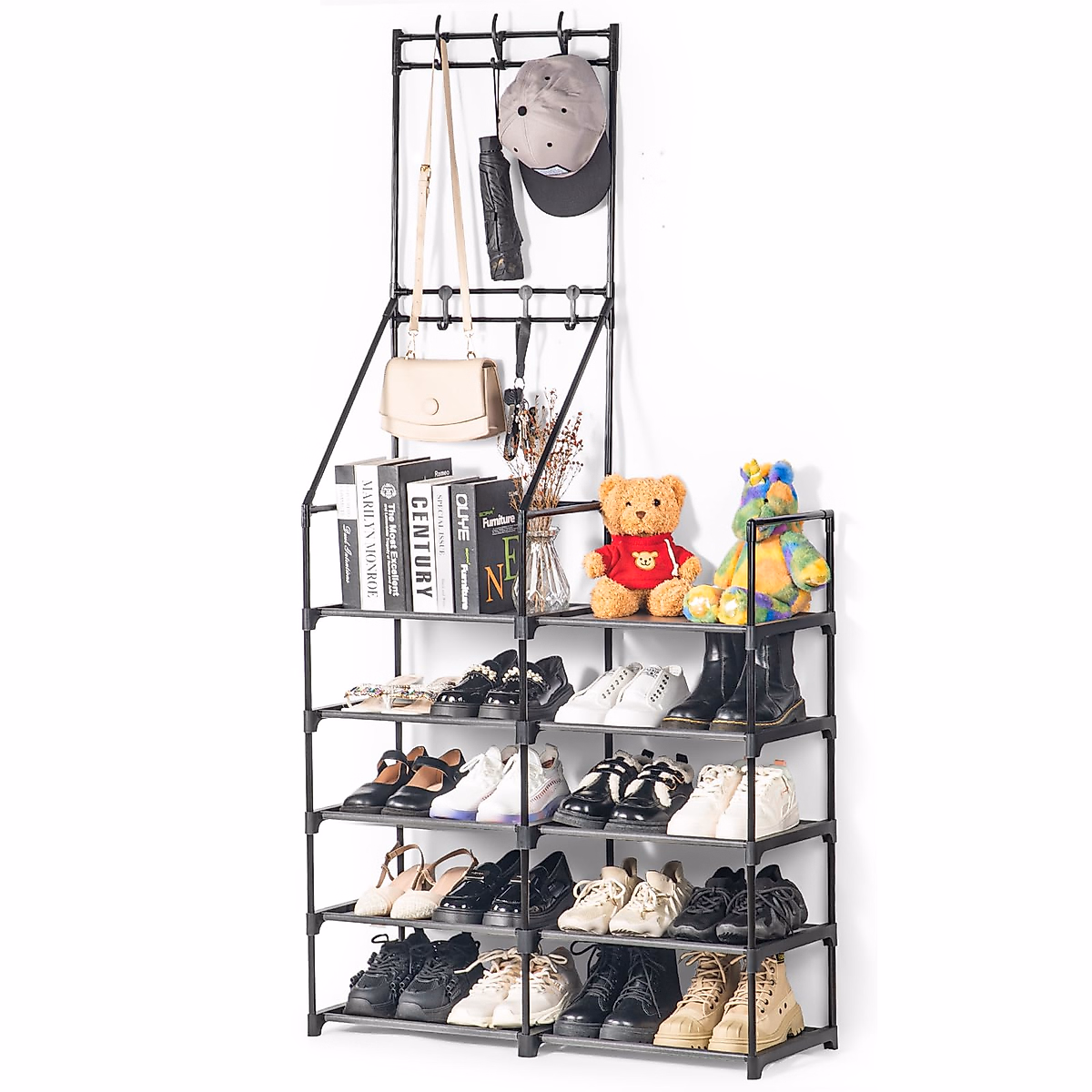 BukSuk 5 Tiers Shoe Rack, 20 Pairs Shoe Rack Organizer, Shoe Rack & Coat Rack, Space-Saving Shoe Rack for Closet, Non-Woven Fabric Shoe Shelf (Black)