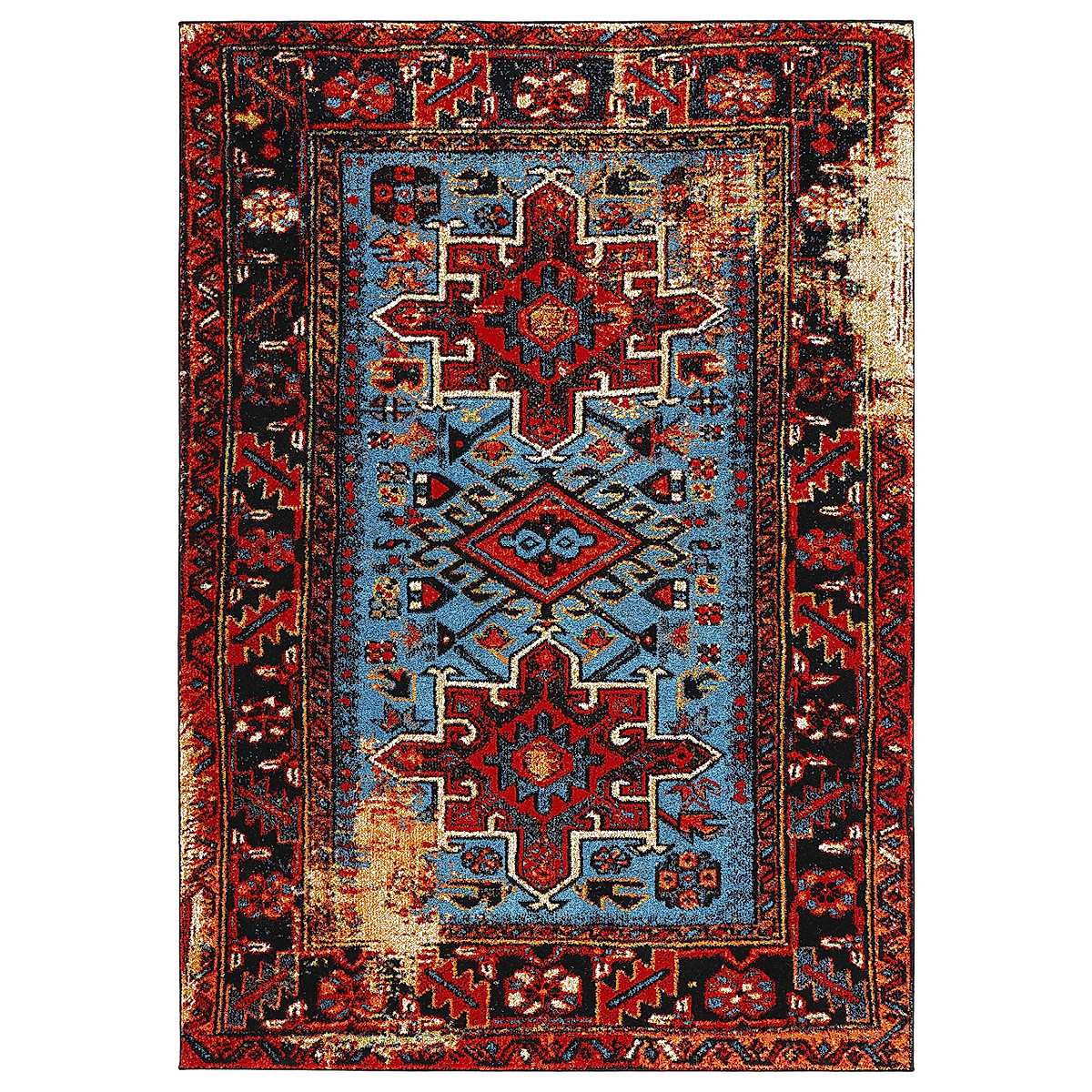 SAFAVIEH Vintage Hamadan Collection Area Rug - 6'7" x 9', Red & Light Blue, Traditional Persian Design, Non-Shedding & Easy Care, Ideal for High Traffic Areas in Living Room, Bedroom (VTH211Q)