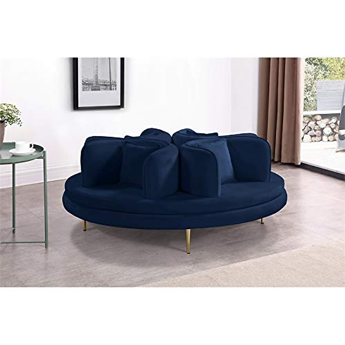 Meridian Furniture 627Navy Circlet Collection Modern | Contemporary Velvet Upholstered Roundabout Sofa with Sturdy Gold Iron Legs, 72" W x 72" D x 29" H, Navy