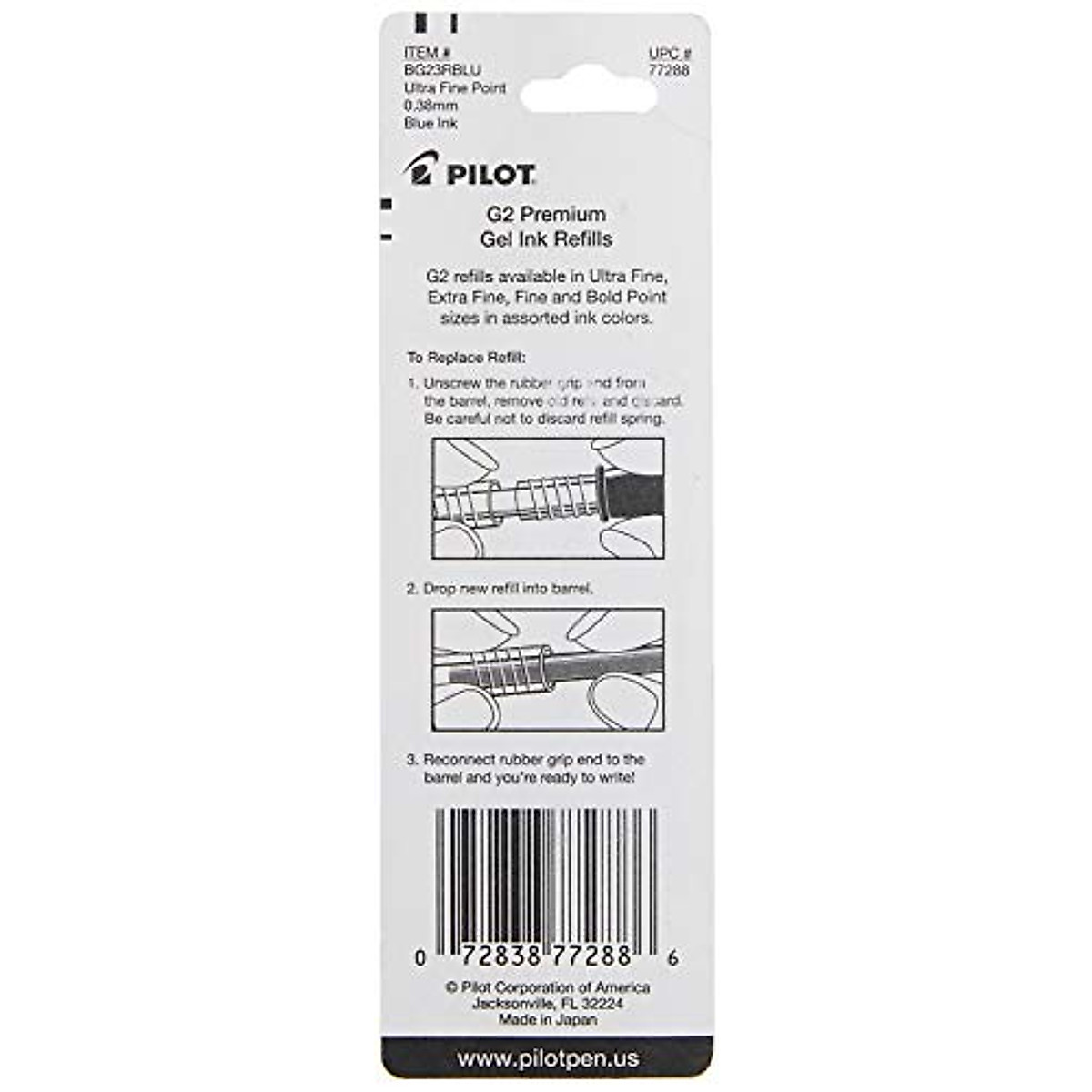 PILOT G2 Gel Ink Refills For Rolling Ball Pens, Ultra Fine Point, Blue Ink, 2-Pack (77288)