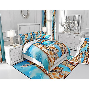 Manfei Giraffe Kids Duvet Cover Set Twin Size, Cute Giraffe Family Comforter Cover, Cartoon Animal Theme Bedding Set for Boys Girls Adults Bedroom Decor, Lightweight Bedspread Cover, 1 Pillowcase