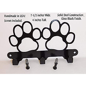 Double Dog Paw Leash Hook. Solid Steel. Handmade in USA. Gloss Black Finish. Screws Included.