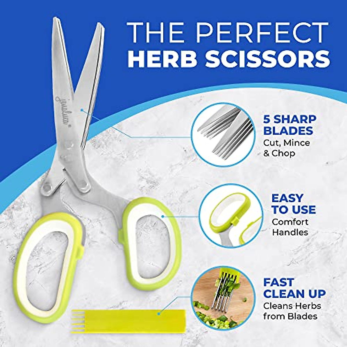 Jenaluca Herb Scissors with 5 Blades and Safety Cover - Cut, Chop & Mince Fresh Herbs & Leafy Greens - Stainless Steel Kitchen Shears with Cleaning Comb - Cool Kitchen Gadgets (Green)