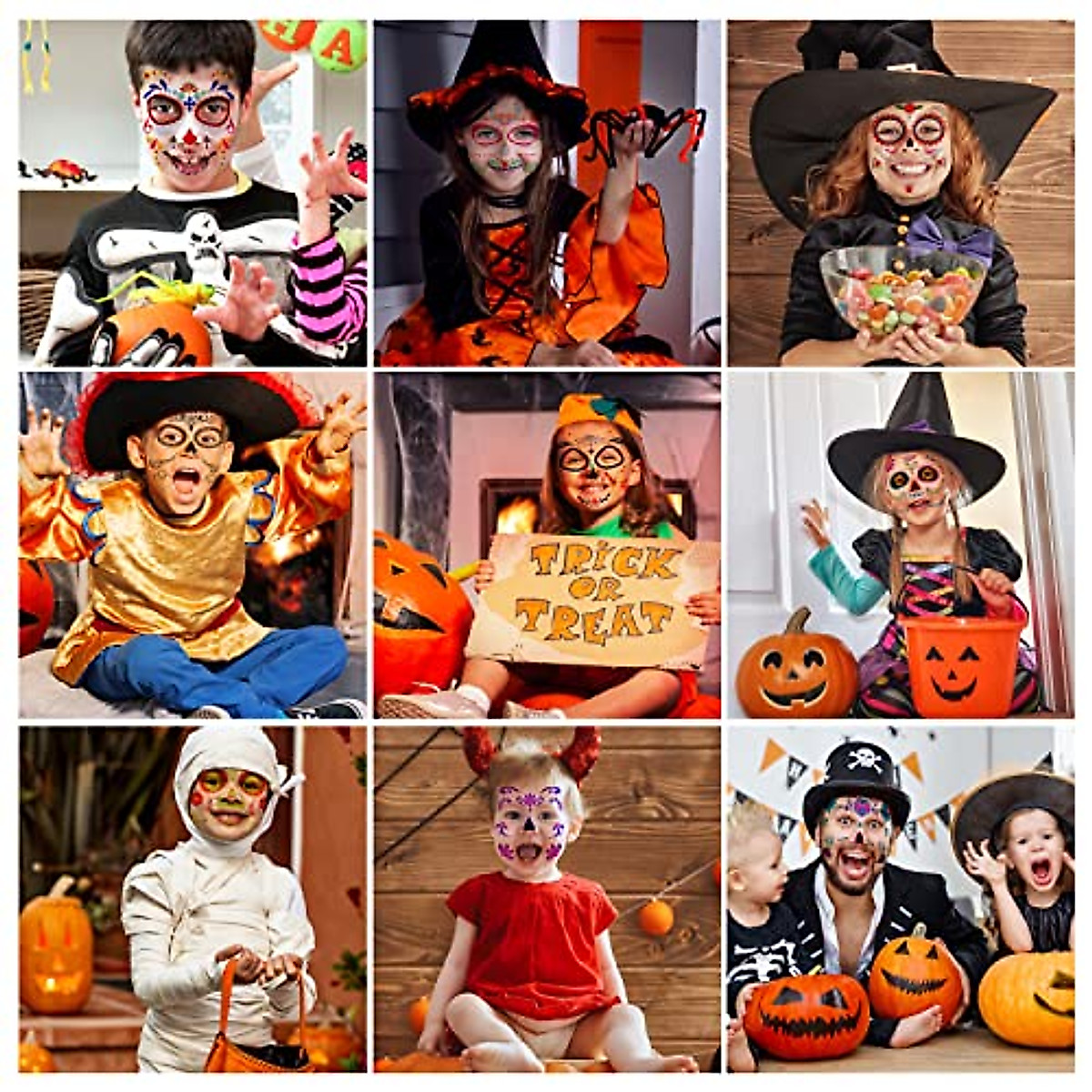 Amaxiu Day of the Dead Face Temporary Tattoos, 10 Sheets Halloween Floral Sugar Skull Temporary Face Tattoos Stickers Makeup Kit on Cheek Eye Forehead Nose Mouth for Halloween Masquerade Party