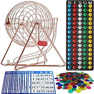 MR CHIPS 11" (Inch) Tall Professional Bingo Set with Steel Bingo Cage, Everlasting 7/8” Bingo Balls, 18 Bingo Cards and 300 Bingo Chips - Rose Gold Color