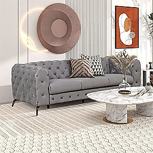 i-POOK 85.5" Chesterfield Sofa, Velvet Upholstered Sofa with Button Tufted Back and Sturdy Metal Legs, Modern Sofa Couch 3 Seater Sofa for Living Room Apartment Home Office, Gray