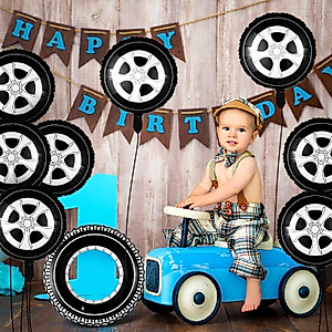 14 Pcs Car Decorations Racing Cars Birthday Party Supplies, 4 Tire Tube Swim Ring Inflatable Tire Floats for Pool with 10 Balloons 18 Inch Race Car Balloons for Birthday Car Themed Party (Wheel Style)