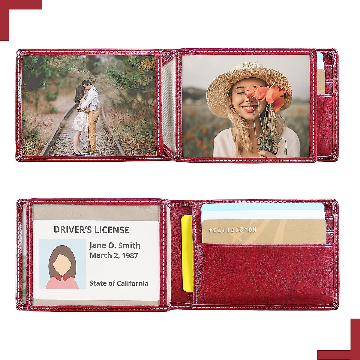 IamaCos Women Bifold Wallet Compact Artificial Leather Wallets RFID Blocking Credit Card Holder 4 Card Slots 3 ID Windows Red