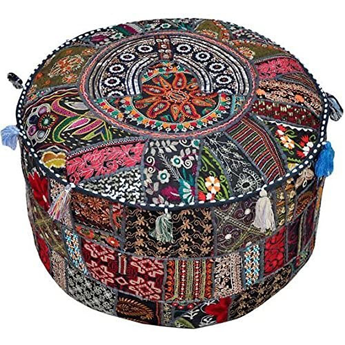 Indian Patchwork Pouf Cover Indian Living Room Pouf, Decorative Ottoman,Embroidered Designer Ottoman, Home Living Footstool Chair Cover, Bohemian Ottoman Pouf Decor (22 Inches, Black)
