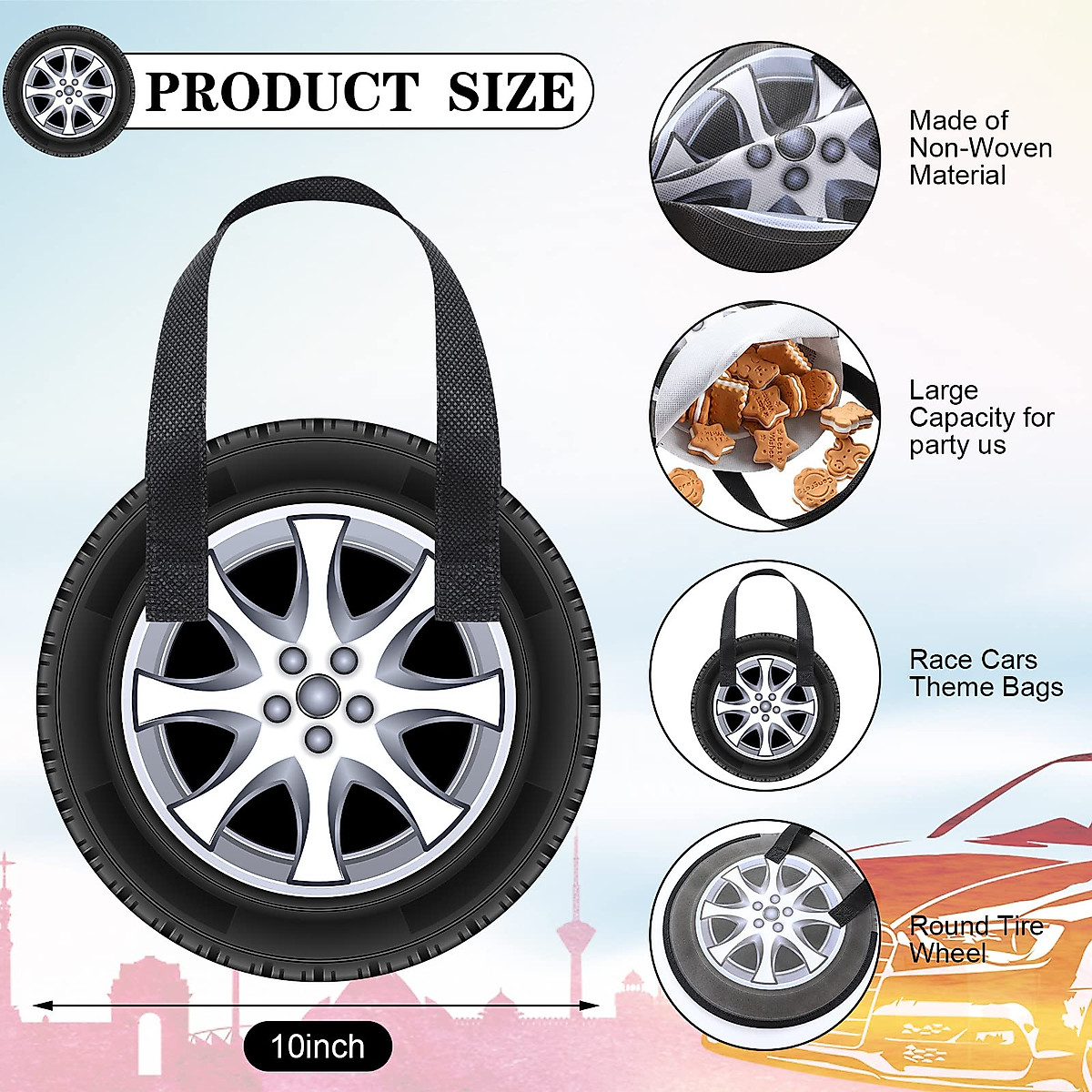 Silkfly 48 Pcs Racing Car Party Non Woven Tote Bags Race Car Wheel Bags with Handles Race Car Party Supplies for Candy Gifts Goodies Treats Boys Kids Birthday Baby Shower Party Favors Tote Bags