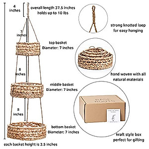 Hanging Shelves for Wall [Set of 2 w/ Hooks] Wooden Shelf, Hanging Fruit Basket Woven 3 Tier for Kitchen, Counter Space Saver Decorative Storage Boho Home Decor Planter Bathroom, Living Room Bedroom