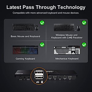 DisplayPort and HDMI KVM Switch 2 Monitors 2 Computers, TESmart 4 Port Dual Monitor KVM Switcher, 4K@60Hz, L/R Out, Keyboard Mouse PC Selector Box with All Input Cables (Black）