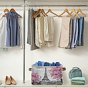 Storage Basket French Paris Eiffel Tower Street Pattern 2 Pc Canvas Large Collapsible Organizer Toy Clothes Storage Bins Boxes Cubes with Handles for Shelf Closet Bedroom Nursery Home Office