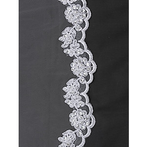 SAMKY 1T 1 Tier Floral Scallop Embroided Lace Pearl Veil - Light Ivory Fingertip Length 36" V471