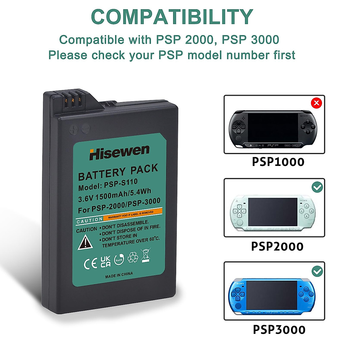 Hisewen 1500mAh 3.6V Lithium Ion Battery and LED USB Charger for Sony PSP 3000 / PSP Slim 2000 PSP-S110 Console, PSP-2001, PSP-3000, PSP-3001, PSP-3002, PSP-3004, PSP Slim Console