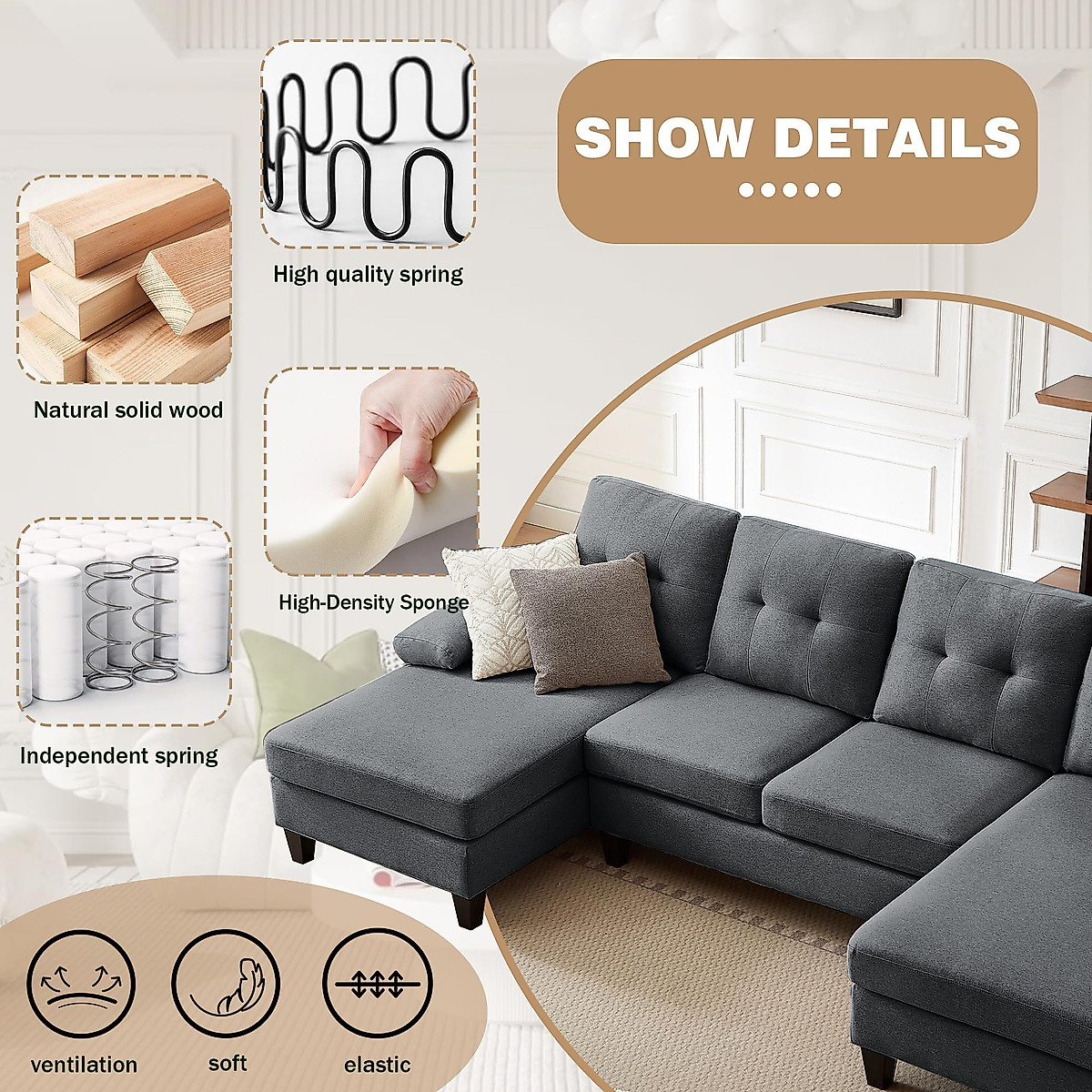 Chireca 111" Sectional Couch for Living Room, Modern Polyester Fibre U Shaped Sofa Couches with Double Chaise, Upholstered 4 Seater Sofa for Living Room, Apartment, Office, Dark Grey