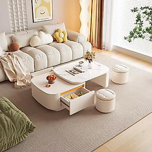 GraceNook Extended Oval Coffee Table with 2 Pu Leather Stools Set, Length Extend from 35"- 54", Nesting Coffee Table 3 Sets with Faux Marble Surface, Center Table with 2 Drawers for Living Room