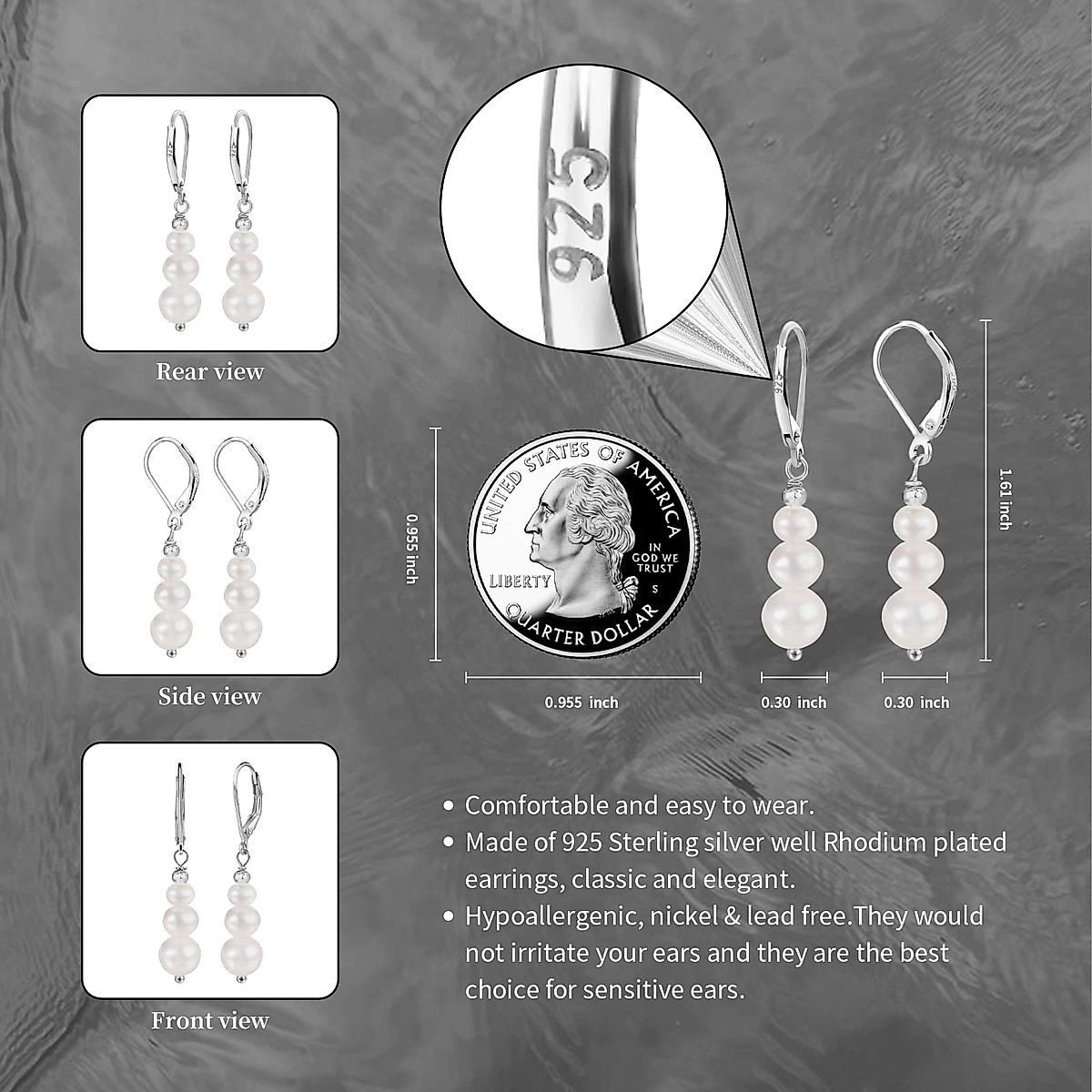 Sterling Silver Freshwater Cultured Pearl Drop Earrings Size 4-8mm Dangle Leverback Earring for Women (Rhodium plated)