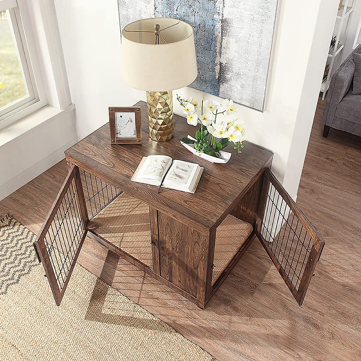 beeNbkks Furniture Style Dog Crate, Double Doors Wooden Wire Dog Kennel End Table, Pet Crate with Soft Bed, Decorative Dog House Pet Furniture Indoor Use