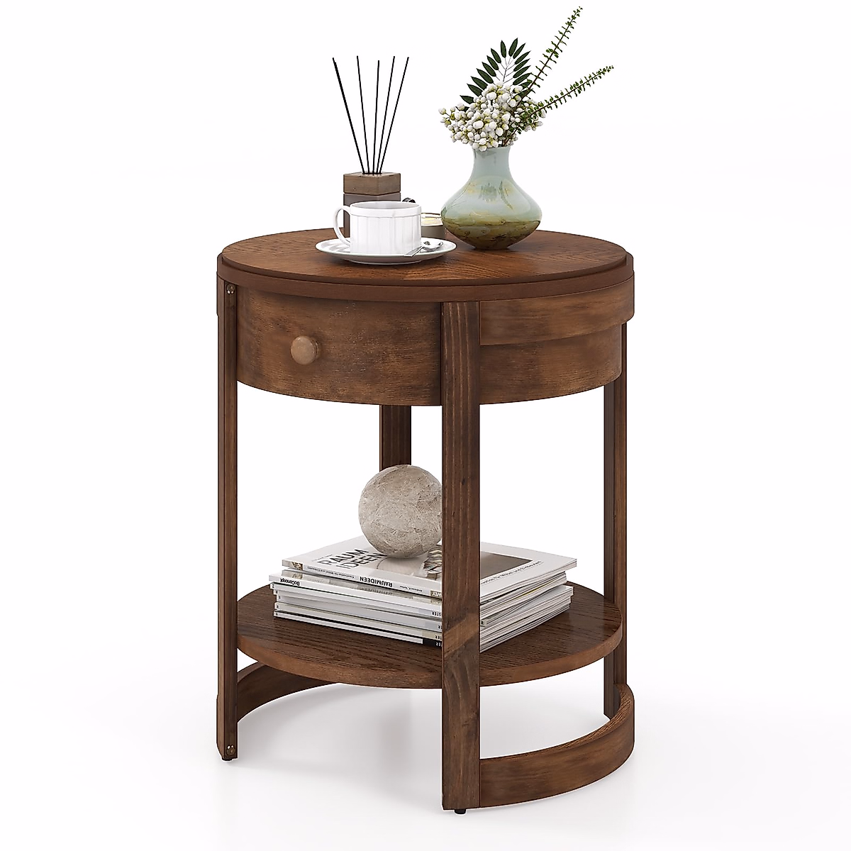 Giantex Round Side Table, 2-Tier Retro End Table with Drawer & Shelf, Wooden Accent Table with Antique Wood Grain Finish, Vintage Nightstand for Living Room Bedroom, Walnut
