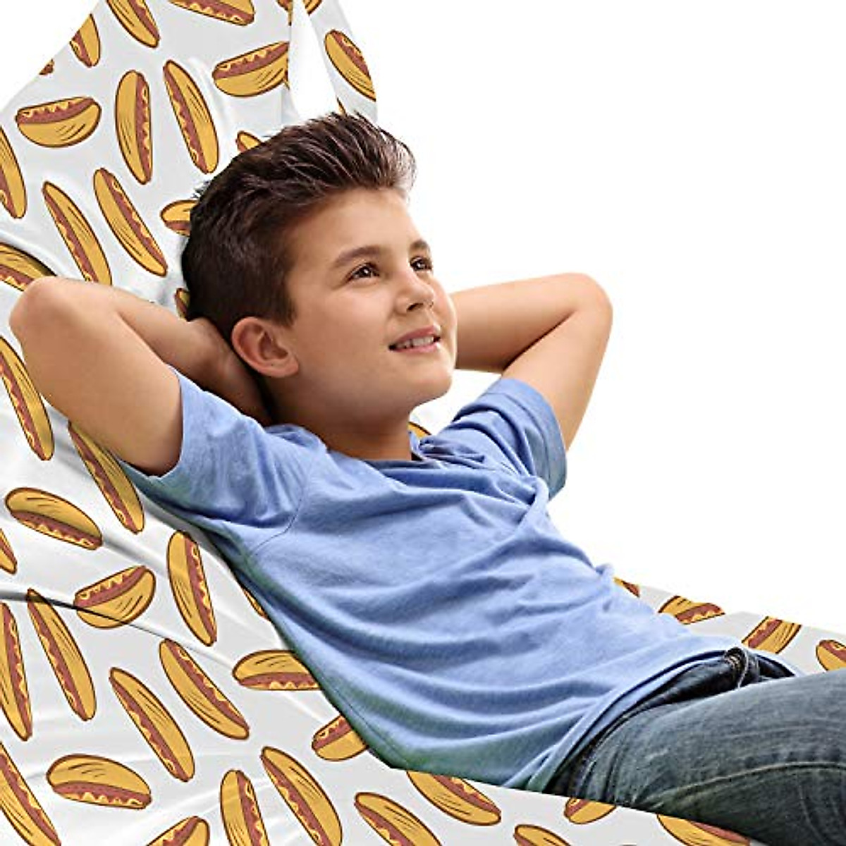 Ambesonne Mustard Lounger Chair Bag, Fast Food Themed Cartoon Sauced Frankfurter Hot Dogs on Plain Backdrop, High Capacity Storage with Handle Container, Lounger Size, White and Earth Yellow
