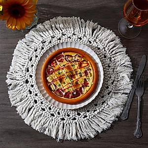 6 Pcs Boho Macrame Placemats Set Handmade Cotton Woven Boho Placemats Cute Desk Decor Round Farmhouse Fringe Placemats for Dining Table Office Car Home Wedding Party, 16 Inch