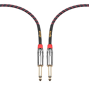 Clef Audio Labs Instrument Guitar Cable, 15ft - 1/4 inch TS Straight to Straight Electric bass Guitar AMP Cord, 22AWG, Chrome Zinc Alloy Shell, Red Braided Jacket