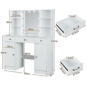 Large Vanity, Vanity Desk with Mirror & Lights,White Vanity Set Makeup Table with 3 Drawer & 3 Level Storage Dresser,2 Cabinets,Bedroom Dressing Table