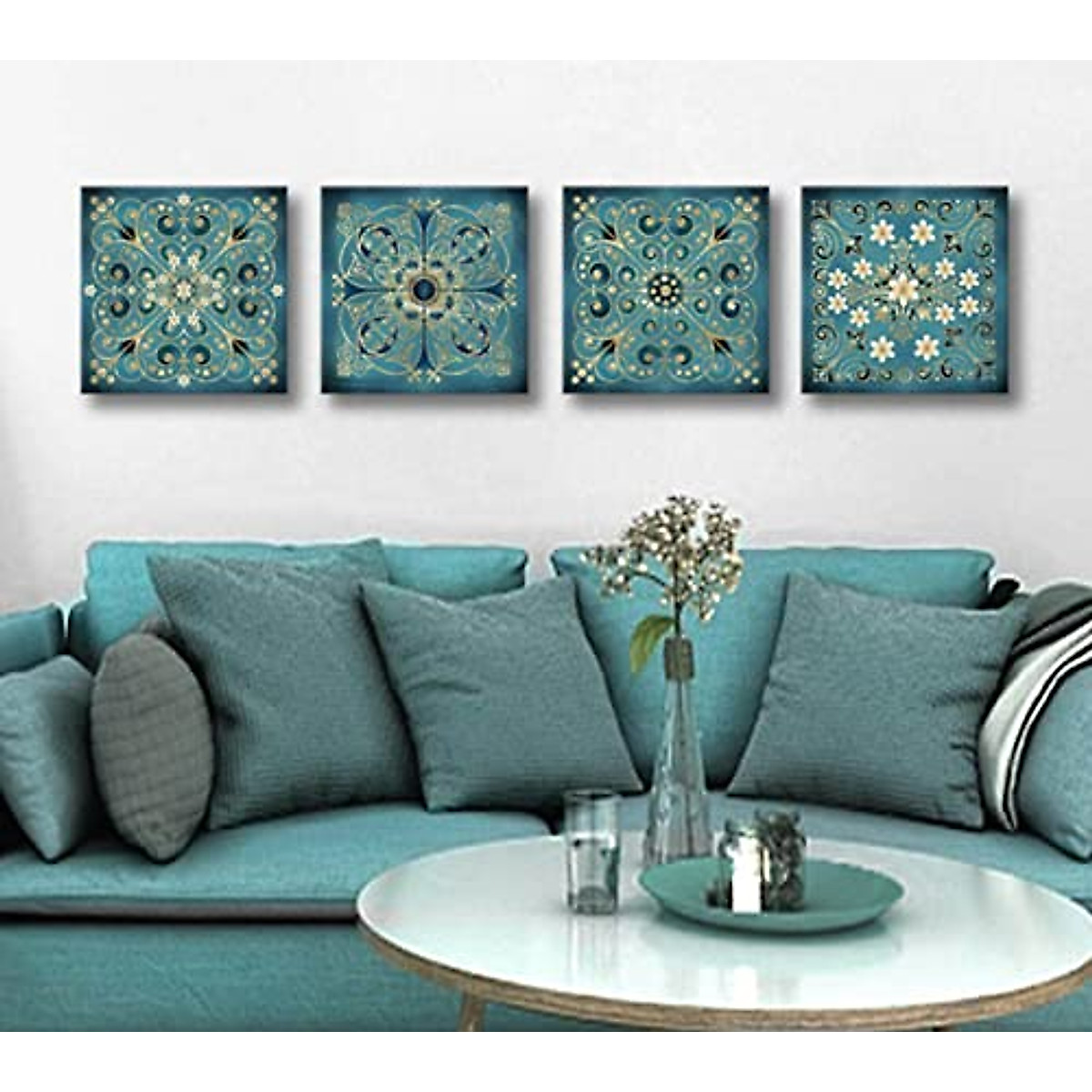 Bathroom art Bedroom decor Canvas wall art Floral pattern Print Bathroom abstract picture Teal bathroom accessories Wall decor Framed artwork Wall art hanging on Living room office 14"x14"x4 Panels