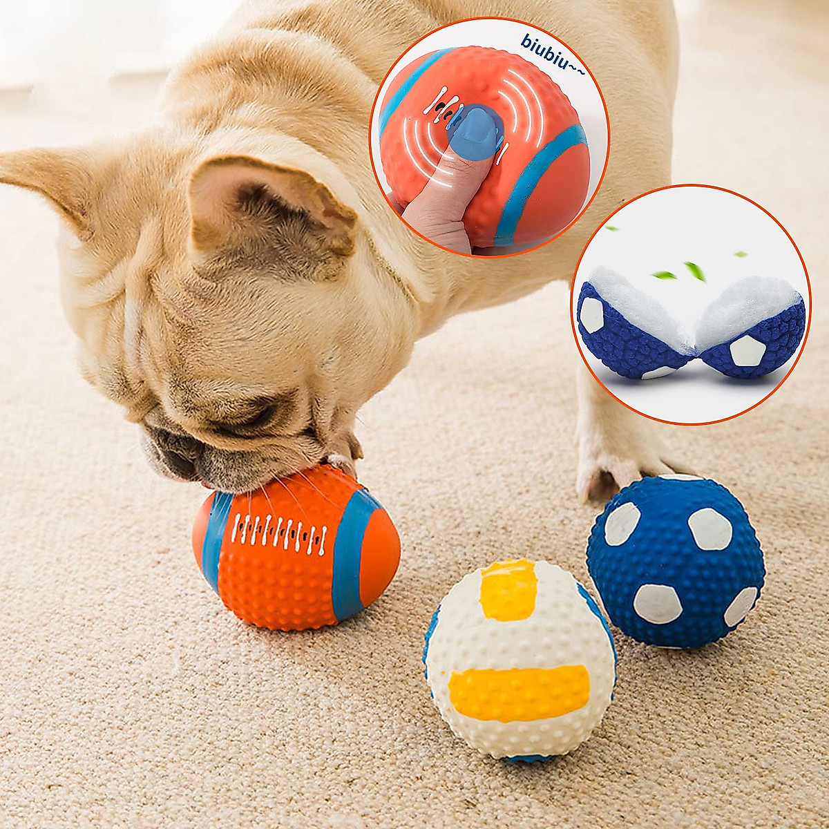 Dog Squeaky Ball for Dogs,Squeaky Dog Ball Squeaky Dog Toys Interactive chew Sound Fetch Play Dog Squeaky Toys for Small Dogs or Cats, Soccer Ball Volleyball Rugby Ball (Sports Balls-4 Pieces)